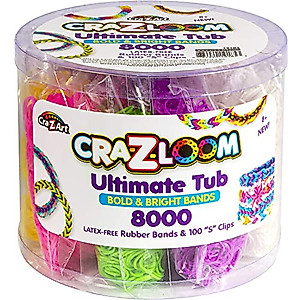 Cra Z Art Cra-Z-Loom Ultimate Tub 8000 Latex Free Rubber Bands and 100 “S” Clips for Making Crafts in Bold and Bright Colors, multi
