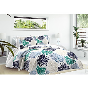 3 Piece Blue Teal Coral Coastal Quilt Sets King Size Nautical Beach Bedding Lightweight Reversible Microfiber Coverlet with 2 Shams Ocean Themed Bedspread Comforter Set for All Season, 96" x 106"