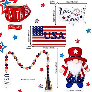 4th of July Tiered Tray Decor Set 6 Pieces Memorial Wooden Signs Forth of July Gnome American Coffee Mug and Beads Garland for Farmhouse Rustic Patriotic Independence Day Decoration