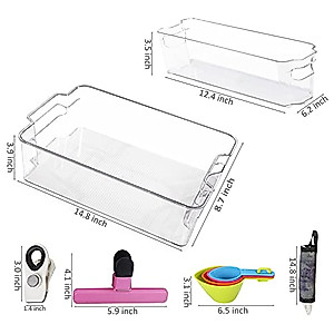 Reliable1st Refrigerator Stackable Organizer Storage Bins Set - 8 PCS clear Pantry Organizers with Handles for Freezer, Kitchen, Cabinets Include Bag Clips， Measuring Cups, Labels and Marker