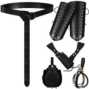 Sweetude 5 Pcs Medieval Belt Renaissance Costume Viking Leather Belt Pouch Arm Guard Potion Bottle (Black,Basic Style)