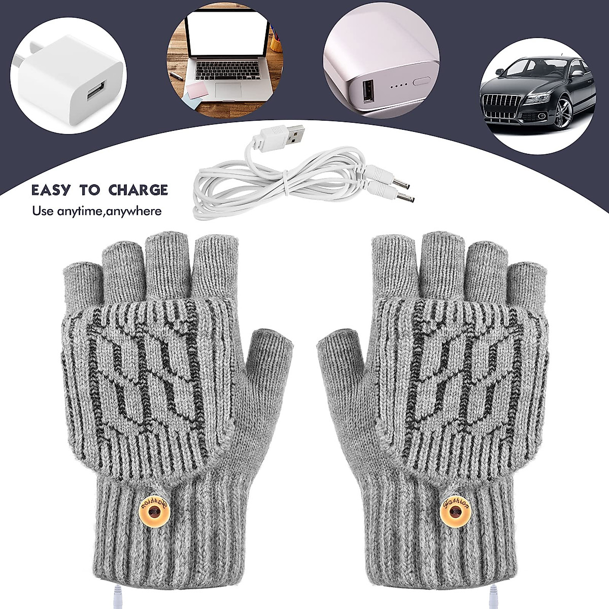 2 Pairs USB Heated Gloves Fingerless USB Hand Warmers Electric Hand Warmer Hand Warming Gloves with Button Heated Mittens (Navy, Gray,Delicate Style)