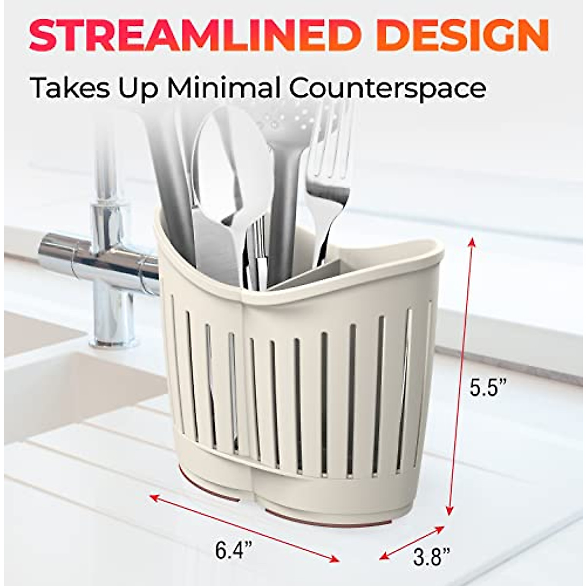 Mueller Kitchen Utensil Holder, Heavy Duty Flatware Drying Basket with Two Compartments, Non-Slip Base and Removable Divider for Easy Cleaning, European Made Countertop Drying Rack, Beige