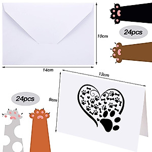 48 Pcs Paw Printed Note Cards Set, 24 Paw Printed Note Cards Heart Paw Thank You Card Paw Print Blank Greeting Card with 24 White Envelopes Animal Lovers Pet Shop Pet Birthday Party (Black and White)