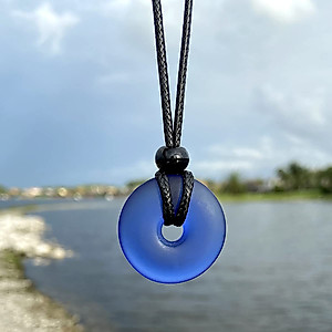 Sea Glass Jewelry - I am Happy Series - Classic Lucky Donut Necklace - Hawaiian Style Crystal Charm - Protection and Good Luck Amulet - Beach Jewelry for Women and Men - Handmade with Love - Blue