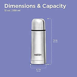 Milton Thermosteel Flip Lid Flask 350, Double Walled Vacuum Insulated Thermos 350 ml | 12 oz | 24 Hours Hot and Cold Water Bottle with Cover, 18/8 Stainless Steel, BPA Free, Leak-Proof | Silver