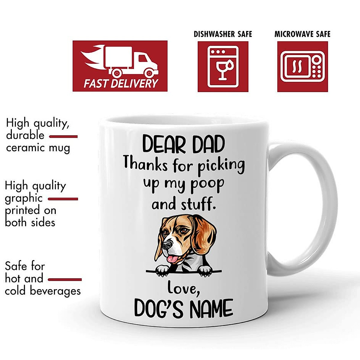Personalized Beagle Coffee Mug, Custom Dog Name, Customized Gifts For Dog Dad, Father's Day, Birthday Halloween Xmas Thanksgiving Gift For Dog Lovers, Thanks For Picking Up My Stuff Mugs