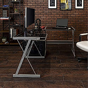 Walker Edison Ellis Modern Glass Top L Shaped Corner Gaming Desk with Computer Keyboard Tray, 51 Inch, Smoke