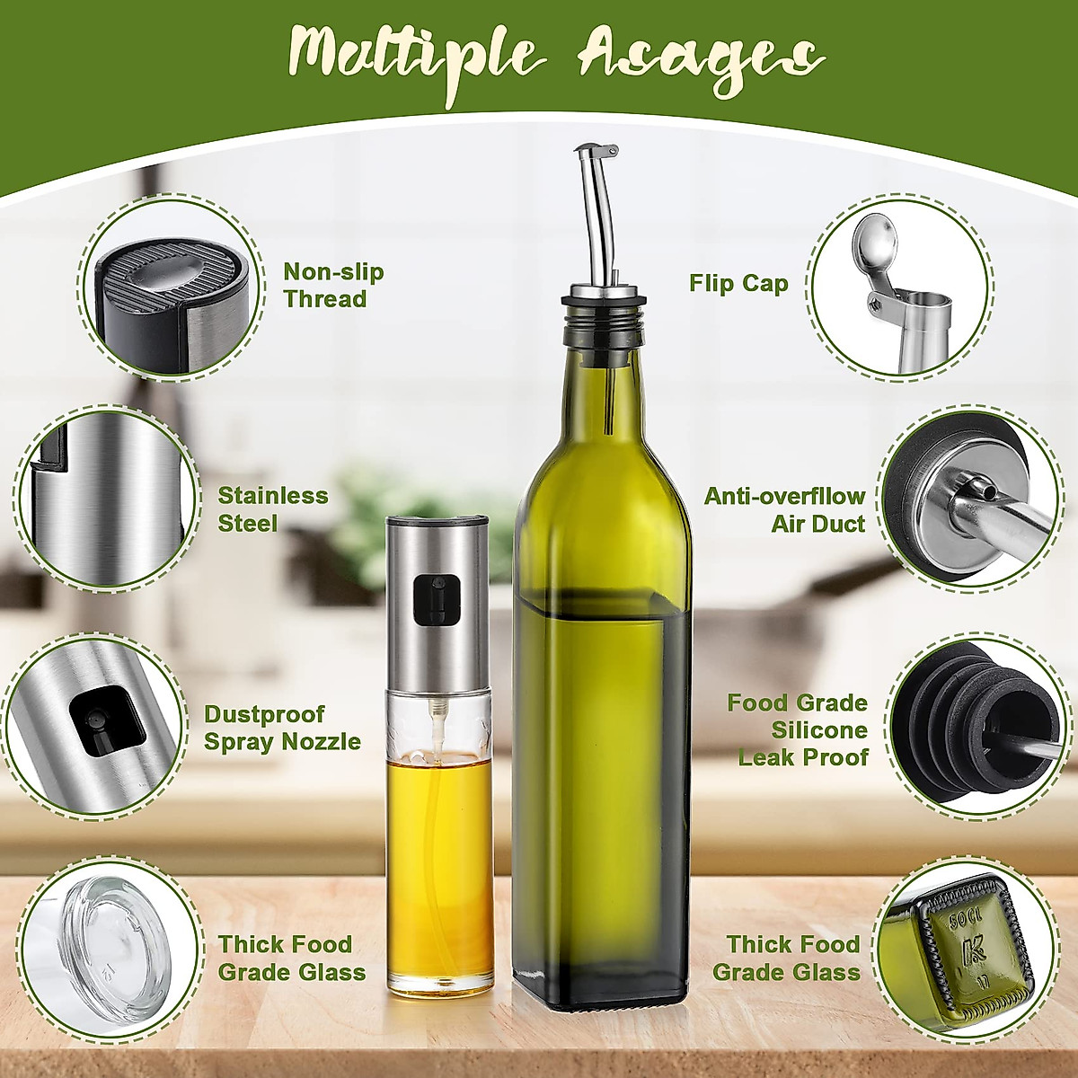 NETANY Olive Oil Dispenser 17 OZ and Oil Sprayer Bottle 100 ML for Cooking Set - Green Oil and Vinegar Cruet Bottle Set for Kitchen - Glass container with Drip-Free Stainless Steel Spout