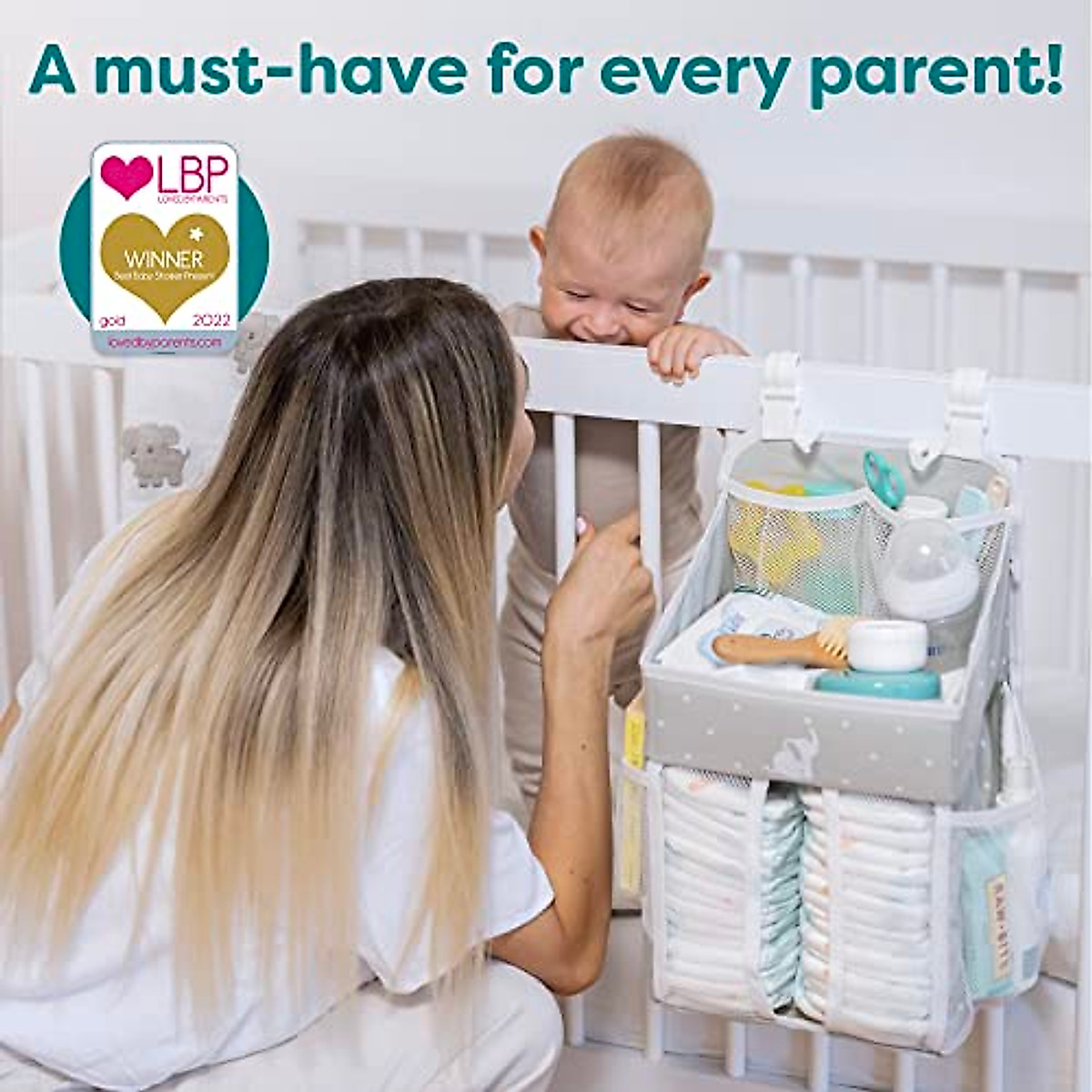 Cradle Star Hanging Diaper Caddy Organizer - Diaper Organizer Caddy with Multiple Pockets - Baby Organizer for Nursery Accessories - Changing Table Organizer and Diaper Storage - 17x9x9 in - Gray