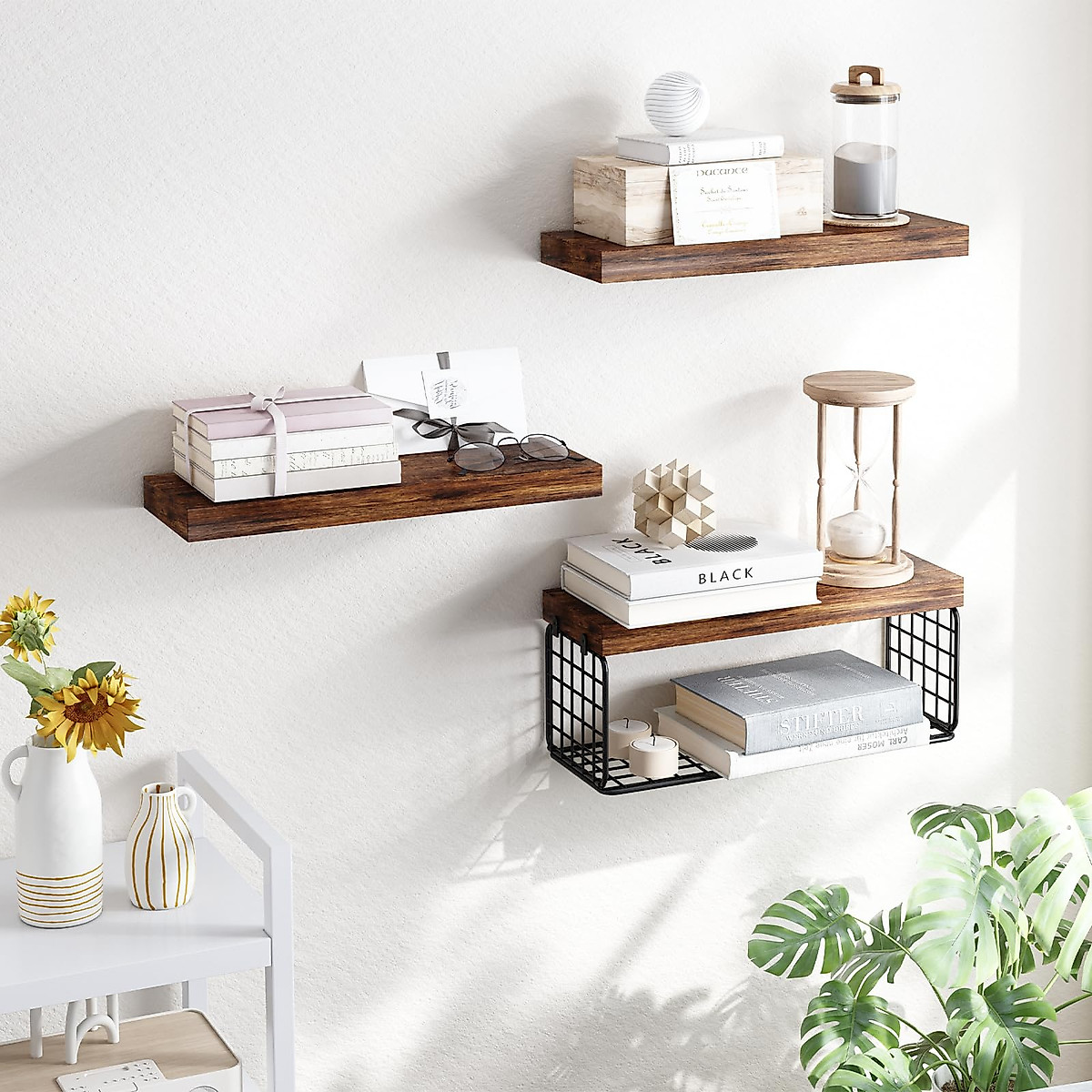 Fixwal Bathroom Floating Shelves, 3+1 Tier 15.7in Rustic Wood Wall Shelf Over Toilet with Invisible Brackets, Farmhouse Wall Decor (Rustic Brown)