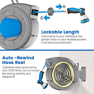 REDUCTUS Retractable Garden Hose Reel, 75ft 1/2'' Wall Mount Retractable Water Reel Automatic Rewind Lock Any Length, 180° Swivel Hose Reel Outside, 10 Pattern Hose Nozzle, A-grey