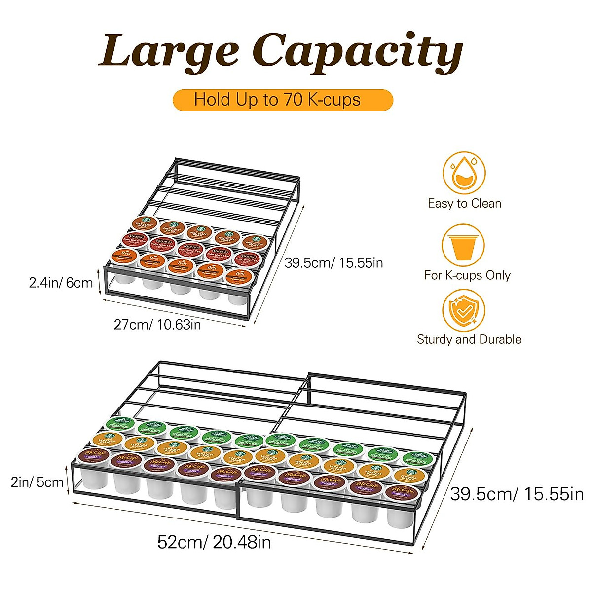 Kssiaz Coffee Pod Holder Drawer, Expandable K Cup Holder Compatible with Keurig K-Cup, K Cup Drawer Organizer Hold 35-70 Coffee Pod Storage for Coffee Station Office and Kitchen, Black