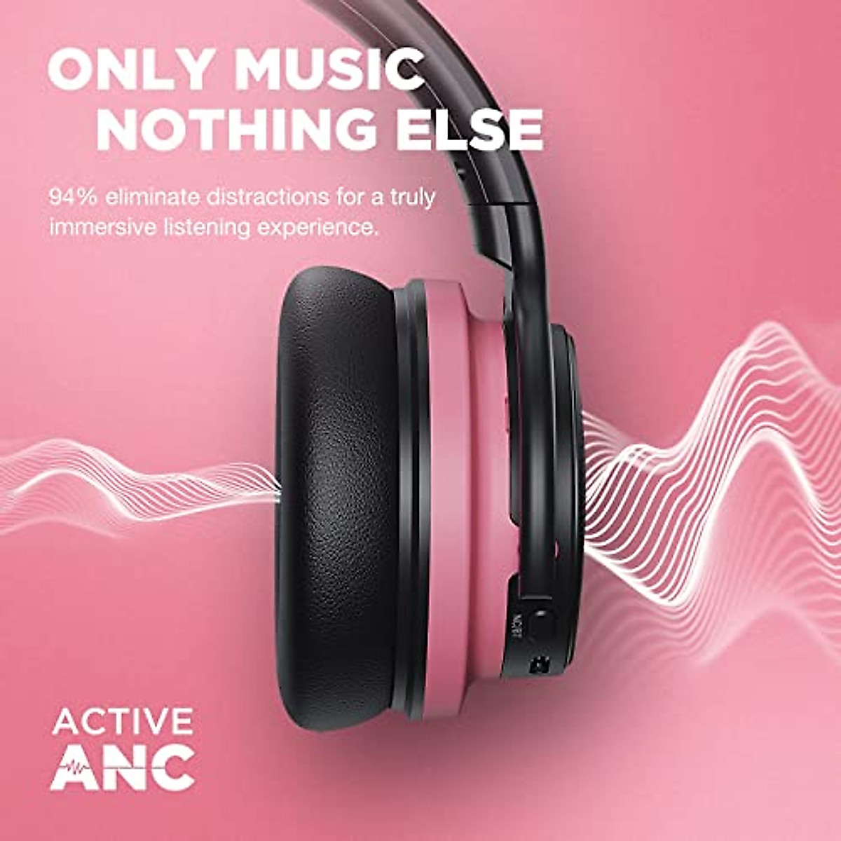 PurelySound E7 Active Noise Cancelling Headphones, Wireless Over Ear Bluetooth Headphones, 20H Playtime, Rich Deep Bass, Comfortable Memory Foam Ear Cups for Travel, Home Office -Pink