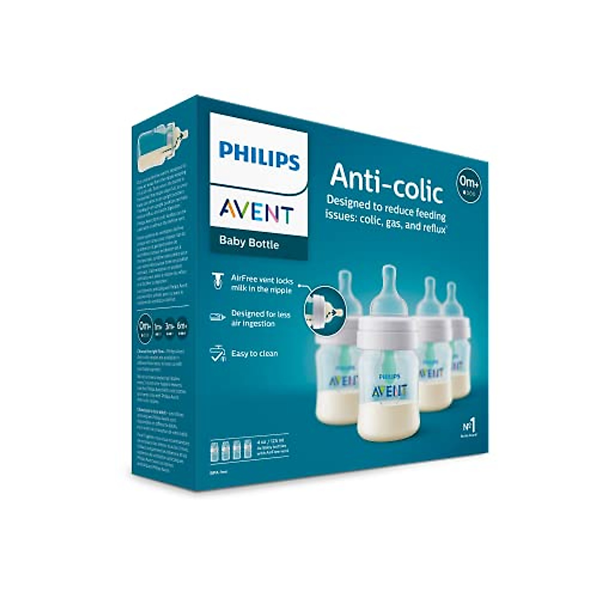 Philips Avent Anti-Colic Baby Bottles with AirFree Vent, 4oz, 4pk, Clear, SCY701/04