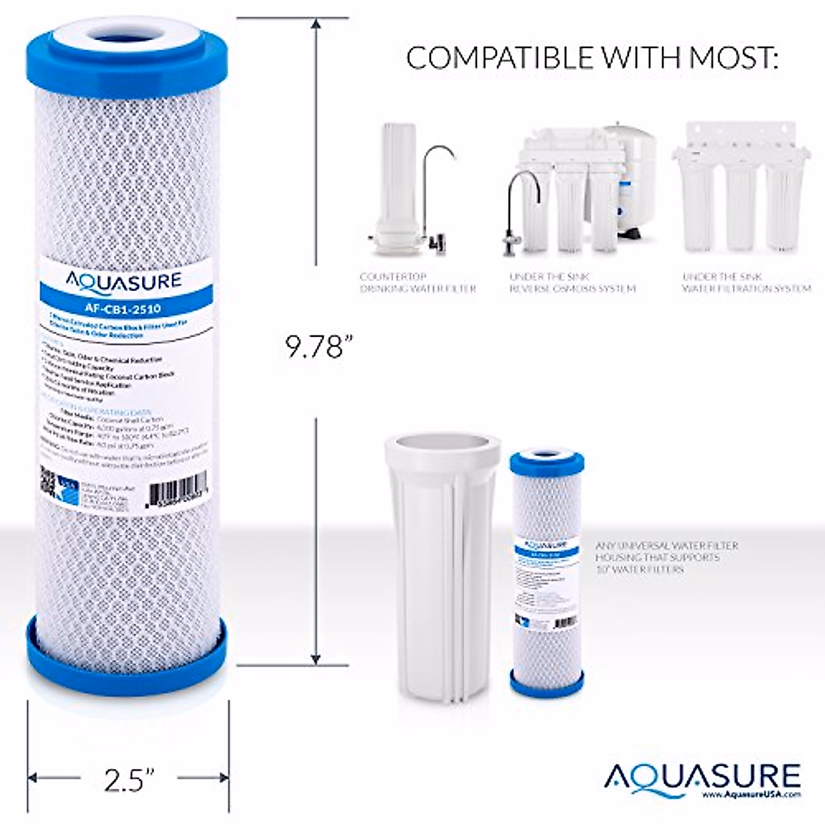 Aquasure Pioneer Series 1 Micron Solid Coconut Shell Carbon Block Water Filter - 10" x 2.5"