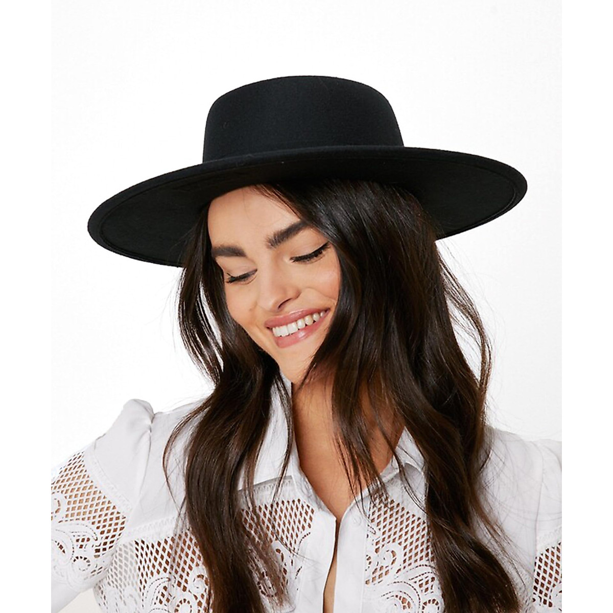 Wide Brim Panama Fedora Hat - Warm Felt Flat Top Pork Pie Cap for Women Men (Size:M/L) (US, Alpha, Medium, Large, Black)