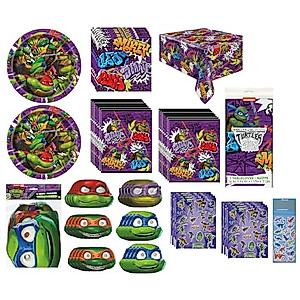 TMNT Teenage Mutant Ninja Turtles Birthday Party Supplies Bundle includes 16 Plates, 16 Napkins, 1 Table Cover, 16 Loot Bags, 16 Paper Masks, 8 Sticker Sheets, 1 Dinosaur Sticker Sheet