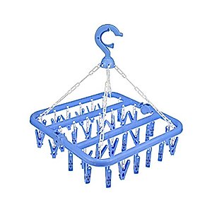 Laundry Hangers with 32 Clips,Clothespin Rack Foldable Laundry Drying Rack Drip Hanger for Drying Socks,Bras,Towel,Underwear,Hat,Scarf,Pants,Baby Clothes,Cloth Diapers,Gloves (Blue)