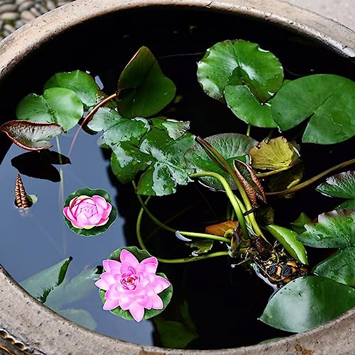 Lotus Flower 6pcs Floating Lotus Flowers Artificial Plastic Lotus Flower with Water Lily Pads Fake Plant Flower Aquarium Garden Water Pond Decoration Pink Pool Lilly Pad