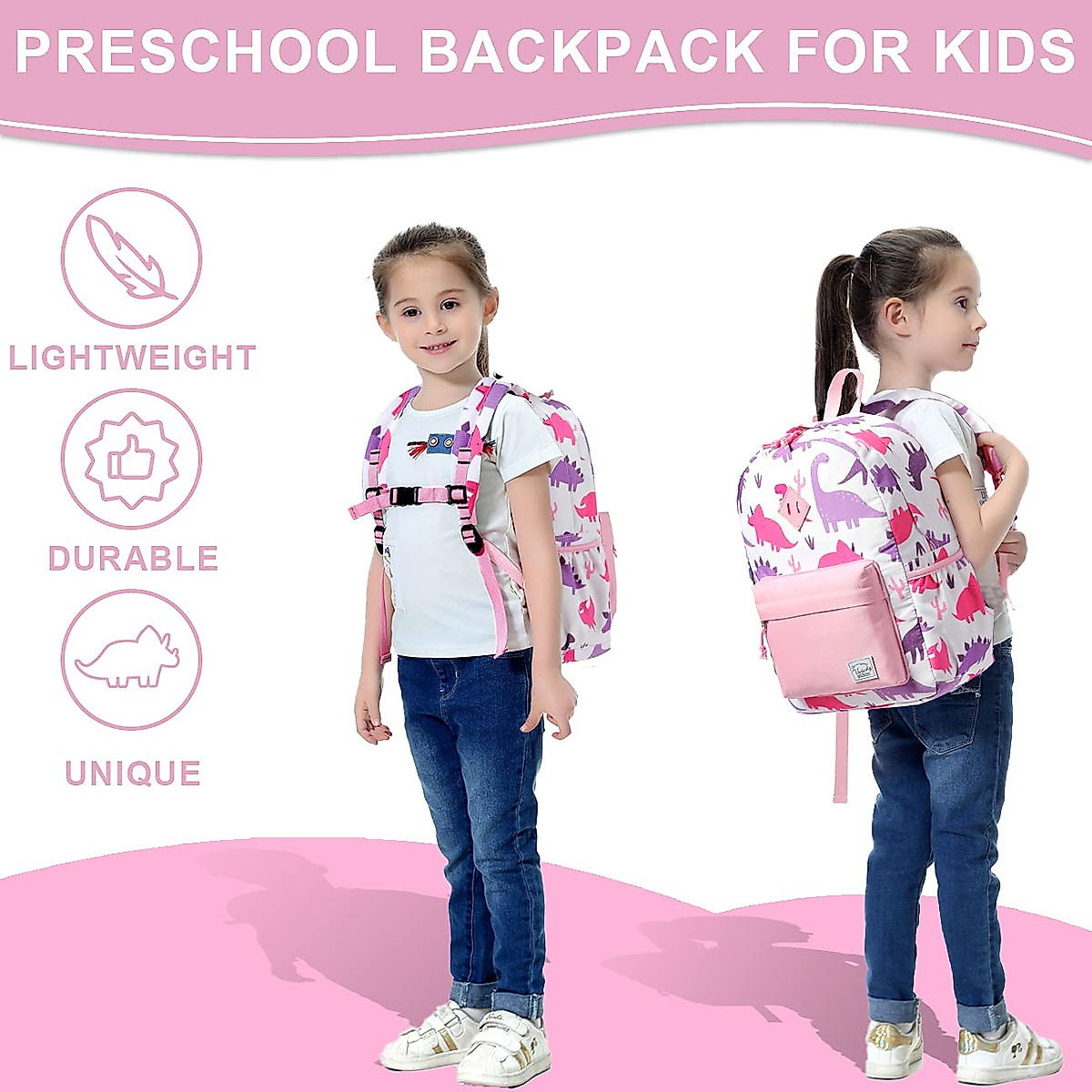 VASCHY Kids Backpack for Girls, Cute Dinosaur Lightweight Backpack for Toddlers Daycare Preschool Little Girls Pink