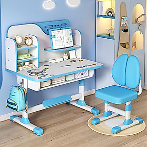 Ehozirta Kids Study Desk Chair Set,Height Adjustable Child Desk and Chair Set School Study Table for Kids,Kids Desk with Chair Gift, Children Desk with Large Writing Board, Bookshelf and Drawer Pink