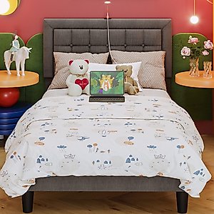 ANCTOR Twin Bed Frame with USB Ports, Platform Bed with Height Adjustable Upholstered Headboard, Heavy Duty Steel Support Legs, Easy Assembly, No Box Spring Needed, Grey