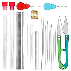 UOOU 28 Pcs Beading Needles Set Include 20 Pcs Long Straight Beading Thread Needles + 8 Pcs Big Eye Beading Needles, Embroidery Needles with Needle Bottle, Thimble, Needle Threaders for Jewelry Making
