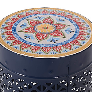 Christopher Knight Home Justin Outdoor Lace Cut Side Table with Tile Top, Dark Blue