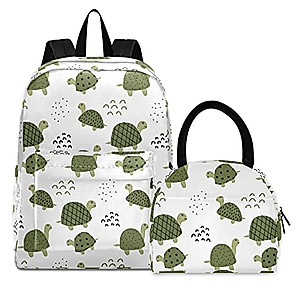 FOLIOSA Kid's Backpack Lunch Bag Set Green Turtle Print， Large Capacity Insulated Scratch-Resistant Backpack with Lunch Kit for School Work Suits for 6+ Years Teenager Boys Girls