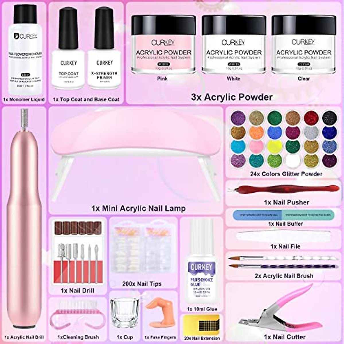 Curkey Acrylic Nail Kit with Everything - 65 IN 1Acrylic Nail Kit, Nail Kit Set Professional Acrylic with Everything, Acrylic Nail Kit with Drill and U V Light, Nail Kit Nail Starter Kit for Beginners