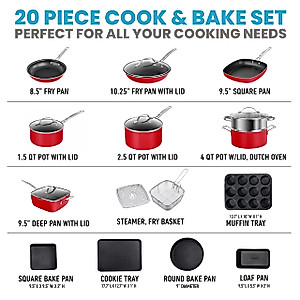 Granitestone Red Pots and Pans Set Nonstick, 20 Pc Kitchen Cookware Set & Bakeware Set with Mineral & Diamond Coating, Long Lasting Nonstick, Ultra Durable, Oven and Dishwasher Safe, 100% Toxin Free