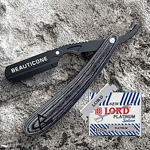 BEAUTICONE Straight Razor for Men, Professional Barber Razor with 100 Single Edge Blades, Wooden Handle