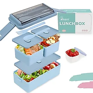 Bugucat Lunch Box 45 OZ, Double Stackable Bento Box Container Meal Prep Containe With Cutlery, 2 Tier and 3 Compartment Design Food Containers for Lunch Snacks,Lunch Box for Adults Blue