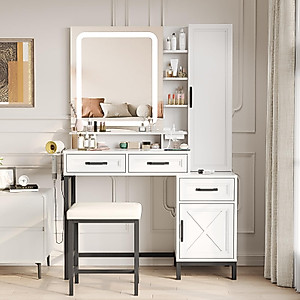 Maupvit Vanity Desk with HD LED Mirror,White Vanity with Large Jewelry Cabinet,Lots Storage Shelves,3 Drawers & Cabinets,Vanity with Charging Station,3 Lighting Modes, Brightness Adjustable