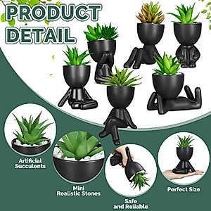 6 Pcs Cute Artificial Succulent Plants Mini Fake Succulent Ceramic Succulent Planters with Creative Human Shaped Pots Decorative Pots Mini Potted Succulents Decor for Office Home Decor (Black, Cute)