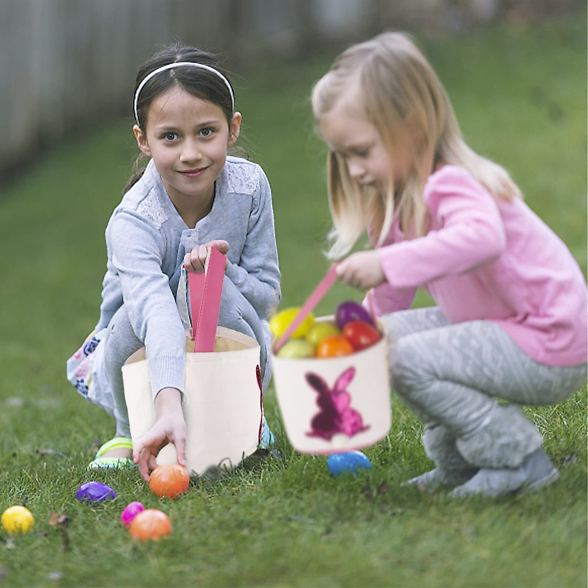 2 Pack Easter Basket for Kids, Easter Bunny Basket for Boys Girls for Easter Hunt, Canvas Easter Basket with Handles Easter Gifts Bags Easter Party Favors for Easter Eggs (Purple and Green)