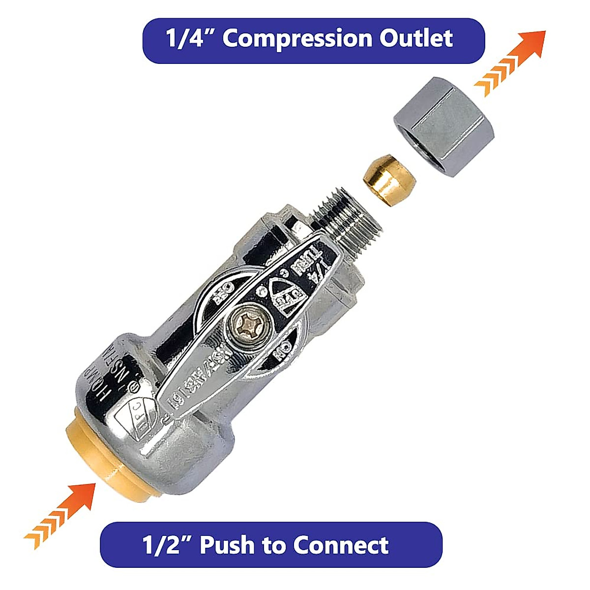 HQMPC Straight Angle Valve Push Fit Water Stop Valve 1/2"X1/4" 6Pcs No Lead Compression Push Fit Angle Shut Off Water Valve with Disconnect Clip, Push-to-Connect, PEX, Copper, CPVC 2Pcs