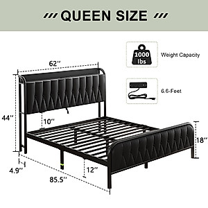 Feonase Leather Queen Bed Frame with Fast Charging Station,Queen Size Metal Platform Beds with Upholstered Headboard & Footboard,12" Underbed Storage Space,Easy Assembly,Noise-Free,Black