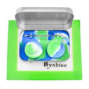 Bynhieo portable tin box 2-5ml silicone container jars wax carrying case with Silicone Mat Pad 5.5 X 4.5inch extra stainless steel spoons