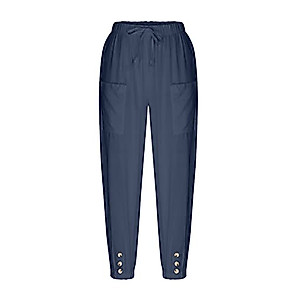 Acesulu Summer Linen High Waist Yoga Pants Drawstring Wide Leg Cropped Pants Trousers with Pockets for Women (0099-NavyBlue-XL)