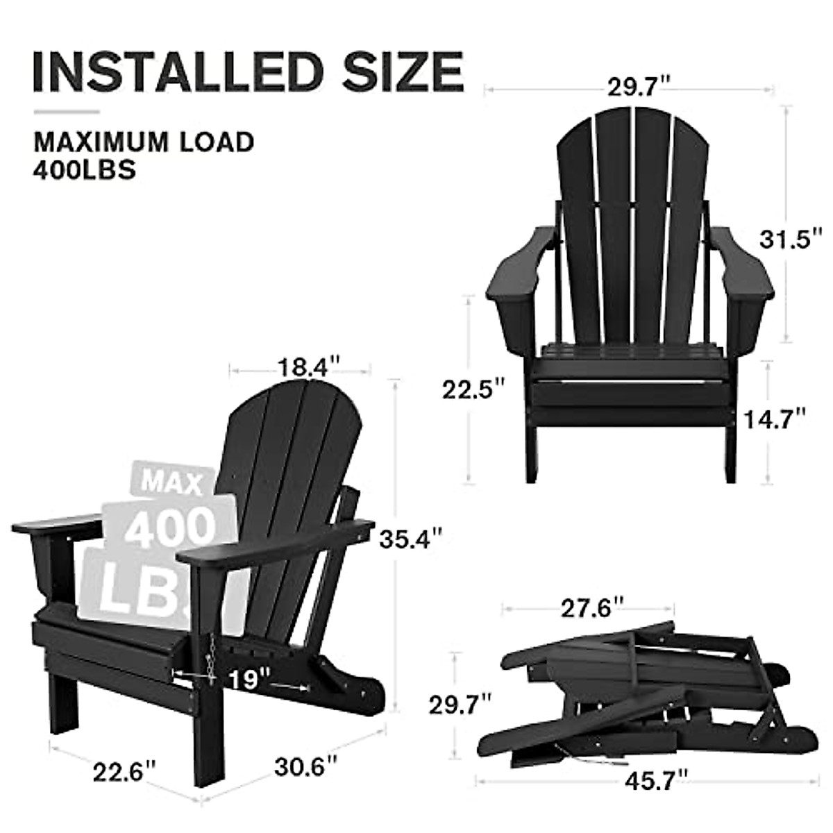 Devoko Adirondack Chair Outdoor Lounge Patio Foldable Chair Painted Adirondack Chairs Resin Weather Resistant Chairs Plastic Lawn Chair for Patio Garden Backyard Porch Garden Fire Pit (Black)