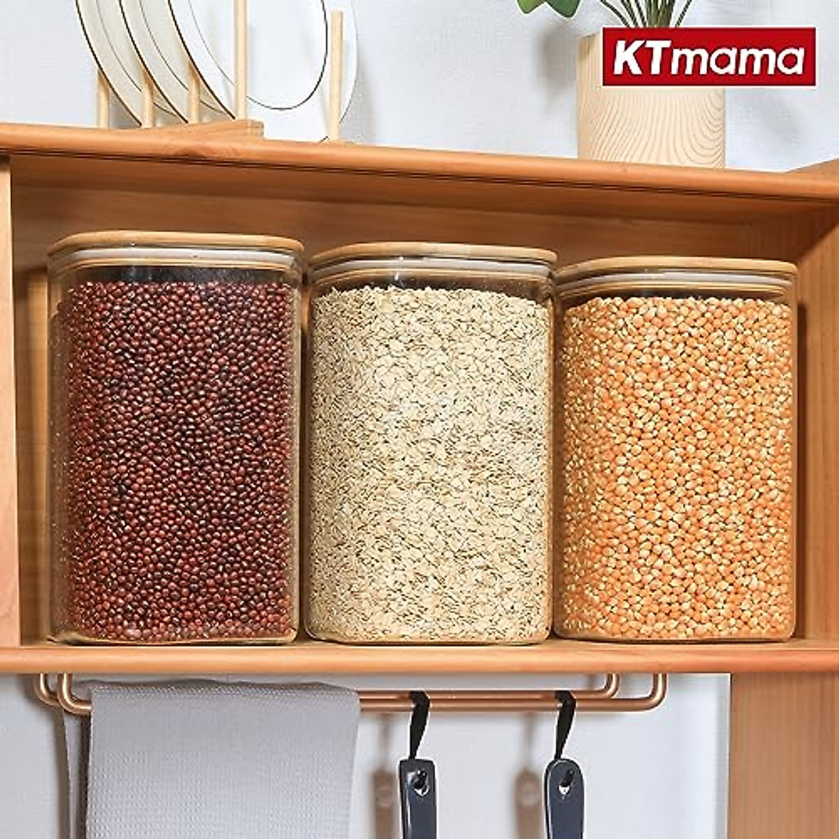 KTMAMA 1 Gallon Glass Jar with Bamboo Lid, Glass Food Storage Containers, 138 oz Cereal containers, Large Square Glass Jars with Bamboo Lids for Rice, Pasta, Oats, Grains, Cookies, Coffee Beans