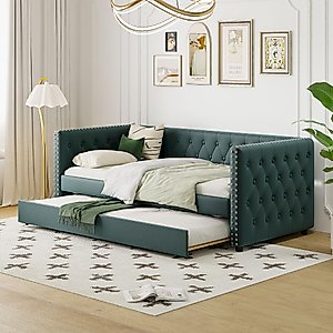 Merax Twin Size Tufted Upholstered Daybed with Trundle, Velvet Sofabed with Rivet Design, No Box-Spring Needed,Green