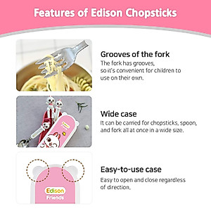 Edison Friends Rabbit Stainless Steel Chopsticks, Spoon, Fork and Case 4 Set, Chopsticks Training, Beginner, Brain Training (White Rabbit) Right Handed/Made in Korea
