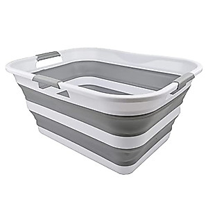 SAMMART 42L (11 gallon) Collapsible Plastic Laundry Basket - Foldable Pop Up Storage Container/Organizer - Portable Washing Tub - Space Saving Hamper/Basket (White/Grey)