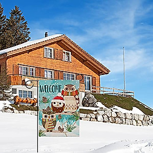Covido Home Decorative Welcome Winter Garden Flag, Christmas Holiday House Yard Snow Owls Decor Sign, Xmas Outside Decoration Seasonal Farmhouse Outdoor Small Burlap Flag Double Sided 12 x 18