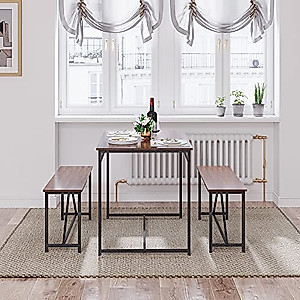 Panana 3 Piece Dining Room Table Set 43 Inch Kitchen Table with Two Benches Breakfast Table Top with Sew Kerf Finish Metal Frame Dining Room Home Rustic Brown