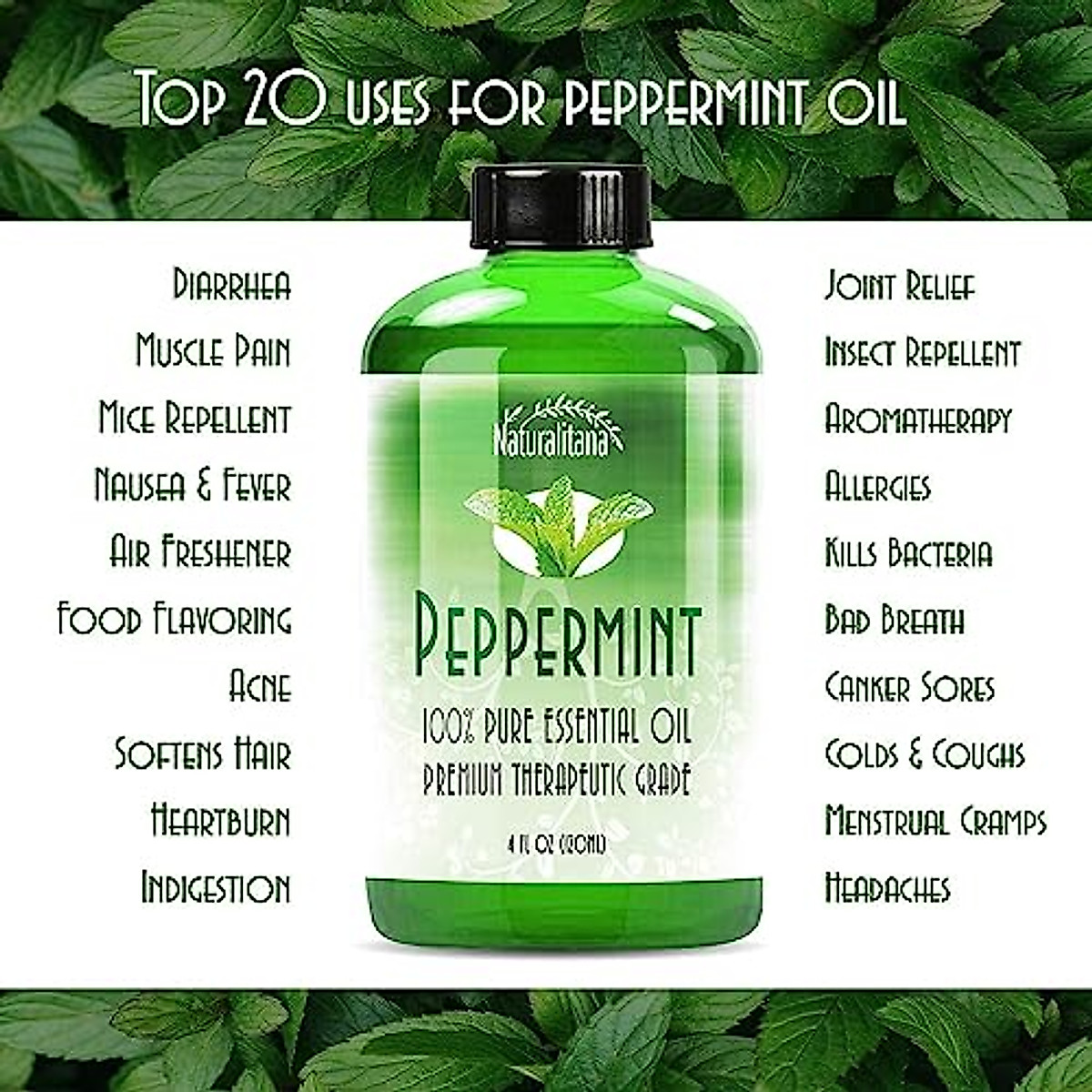 Naturalitana Peppermint Essential Oil - Therapeutic Grade for Aromatherapy, Diffuser, Hair, Stress, Relaxation, Dropper - 4 fl oz - Mint Scented Oil - Mint Oil