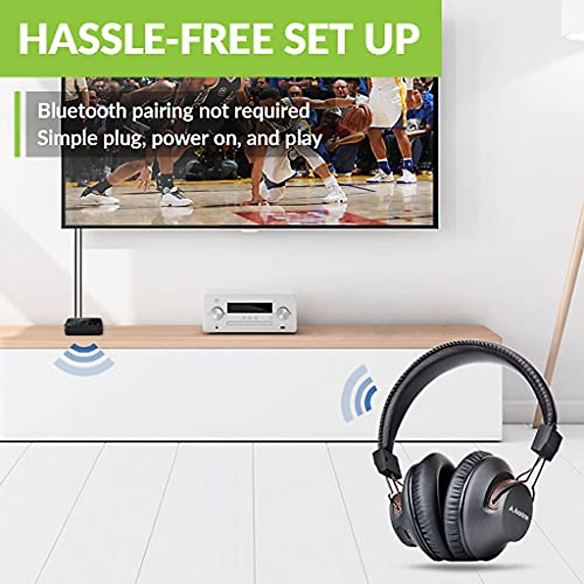 Avantree HT4189 40Hrs Wireless Headphones Set for TV Watching with Bluetooth Transmitter (Digital Optical AUX RCA), No Delay, Dual Link Support, High Volume Over Ear Headset for Seniors, Long Range